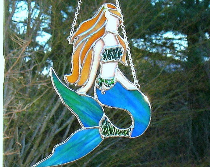 Mermaid Panel in Blue and Green Stained Glass Suncatcher - Etsy