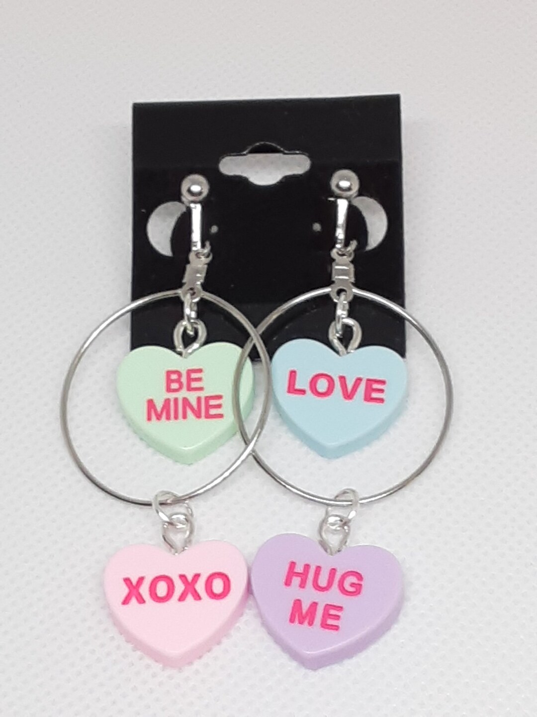Conversation Hearts Dangle Clip on Hoop Earrings Valentine's Day Fun ...