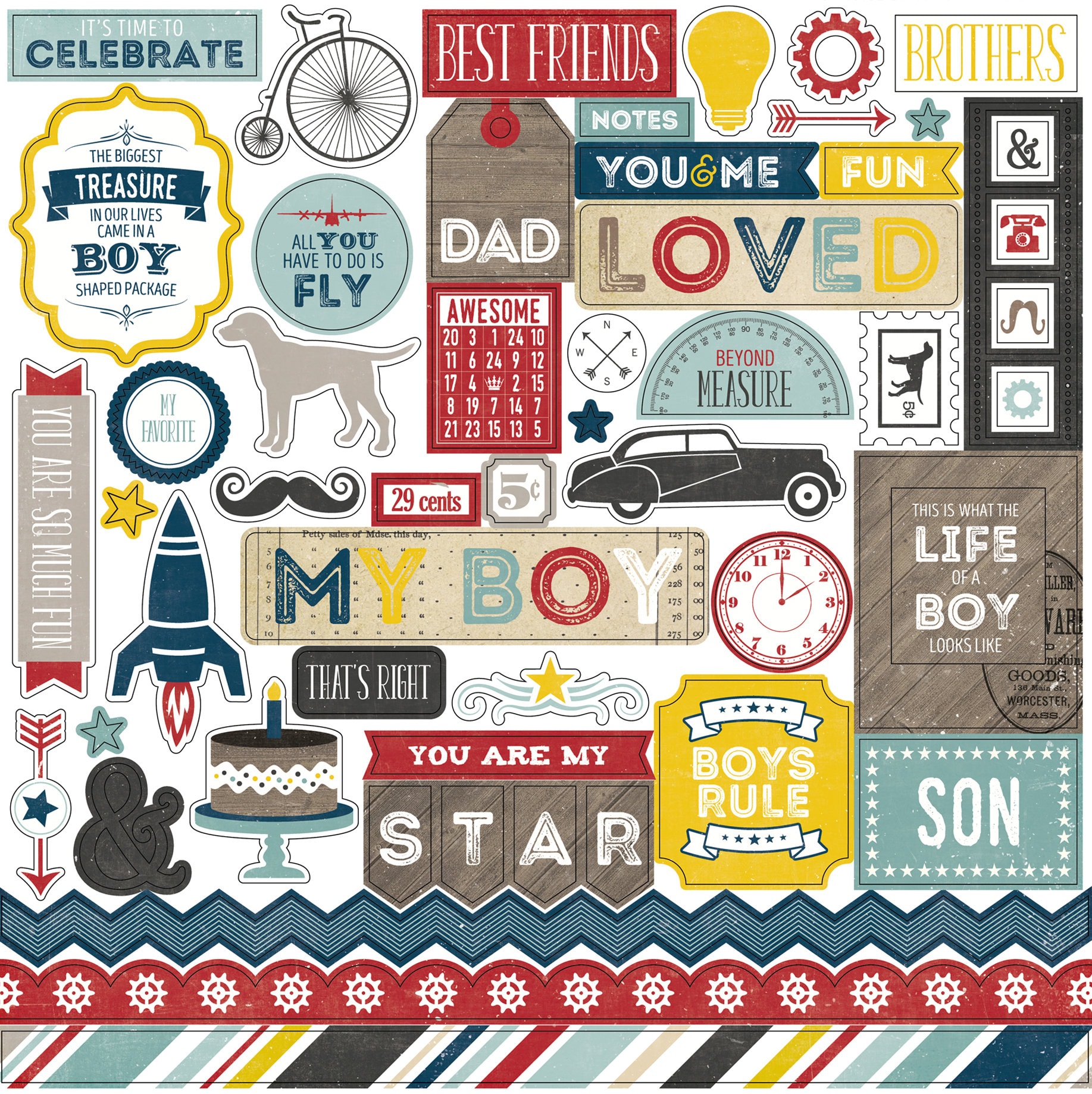 Echo Park Pinstripes Element Stickers, 12X12 Sticker Sheet, Boy Theme ...