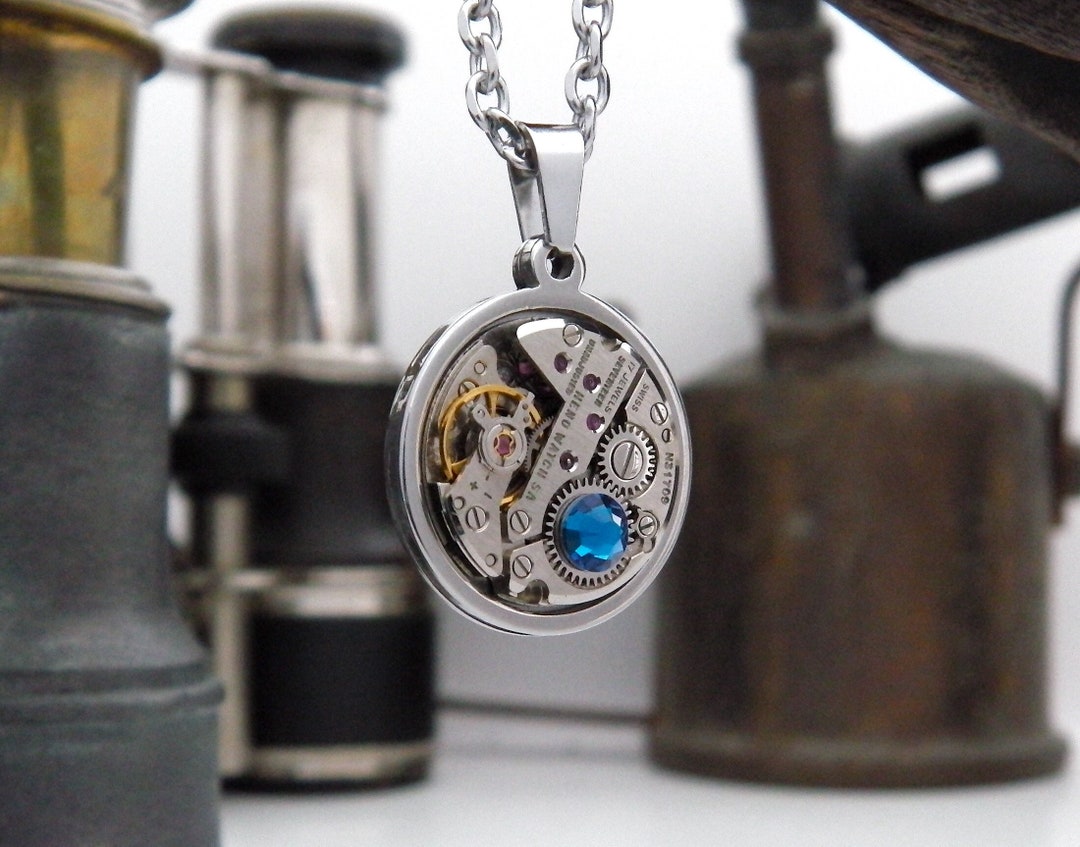 Steampunk Necklace - Vintage Watch Mechanism Pendant With 'capri Blue ...