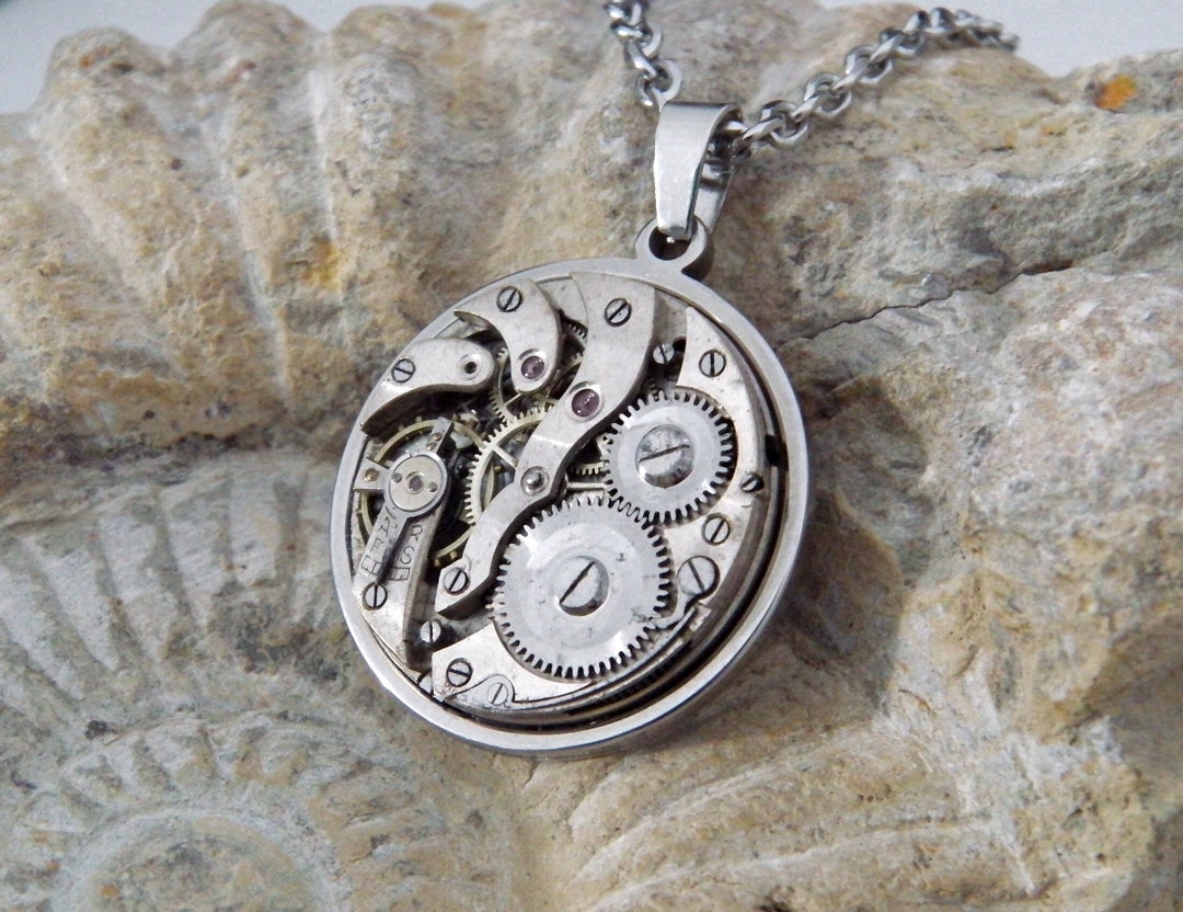 Vintage Watch Mechanism Pendant and Stainless Steel Chain. Unusual Gift ...