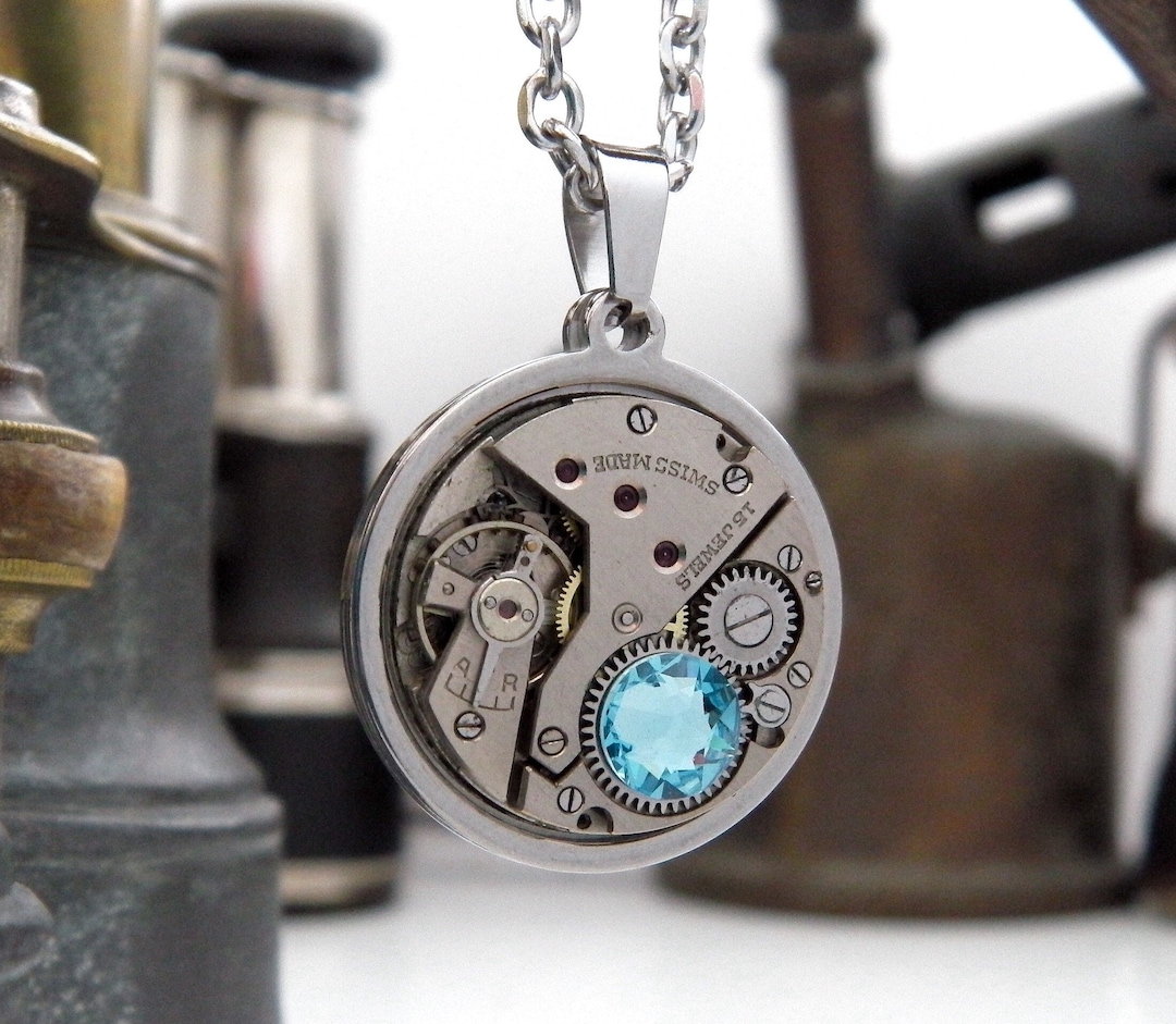 Steampunk Necklace - Vintage Watch Mechanism Pendant With Aquamarine ...