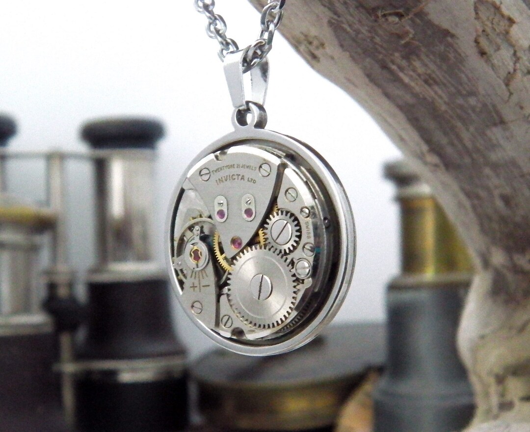 Vintage Watch Mechanism Pendant and Stainless Steel Chain. Unusual Gift ...