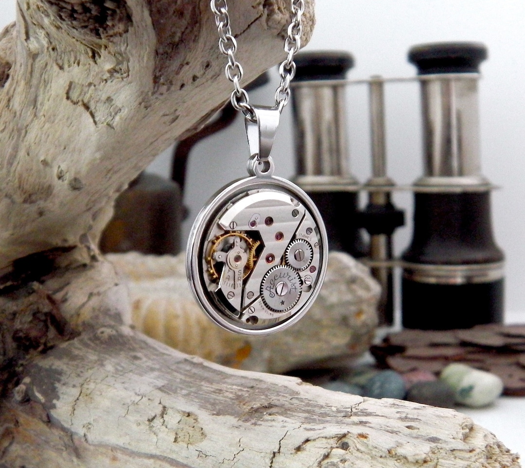 Vintage Watch Mechanism Pendant and Stainless Steel Chain. Unusual Gift ...