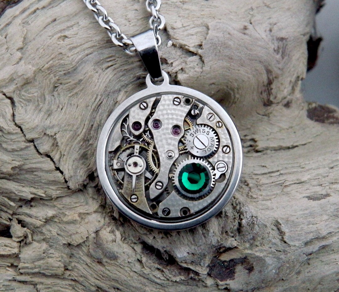 Emerald Necklace Vintage Watch Mechanism Steampunk Pendant With Emerald ...