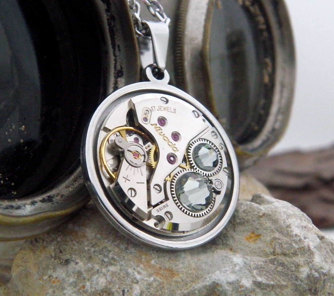 Vintage Watch Necklace - Swiss Watch Mechanism Pendant With Black ...