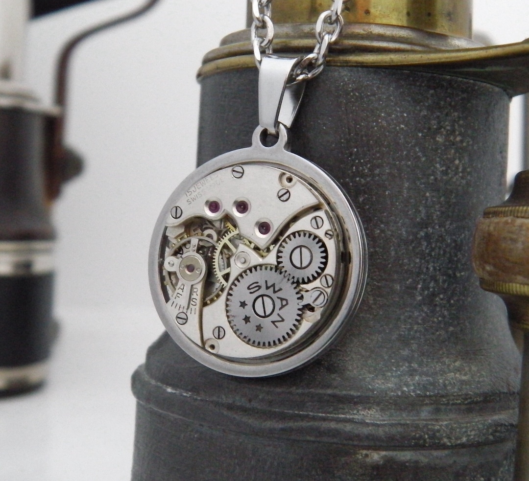 Vintage Watch Mechanism Pendant and Stainless Steel Chain. Unusual Gift ...