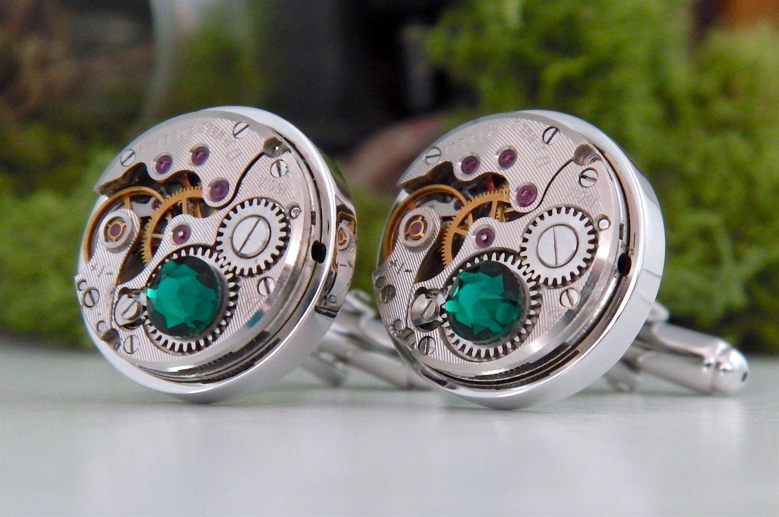 Emerald crystal cufflinks, Green Emerald cuff links, anniversary gift ...