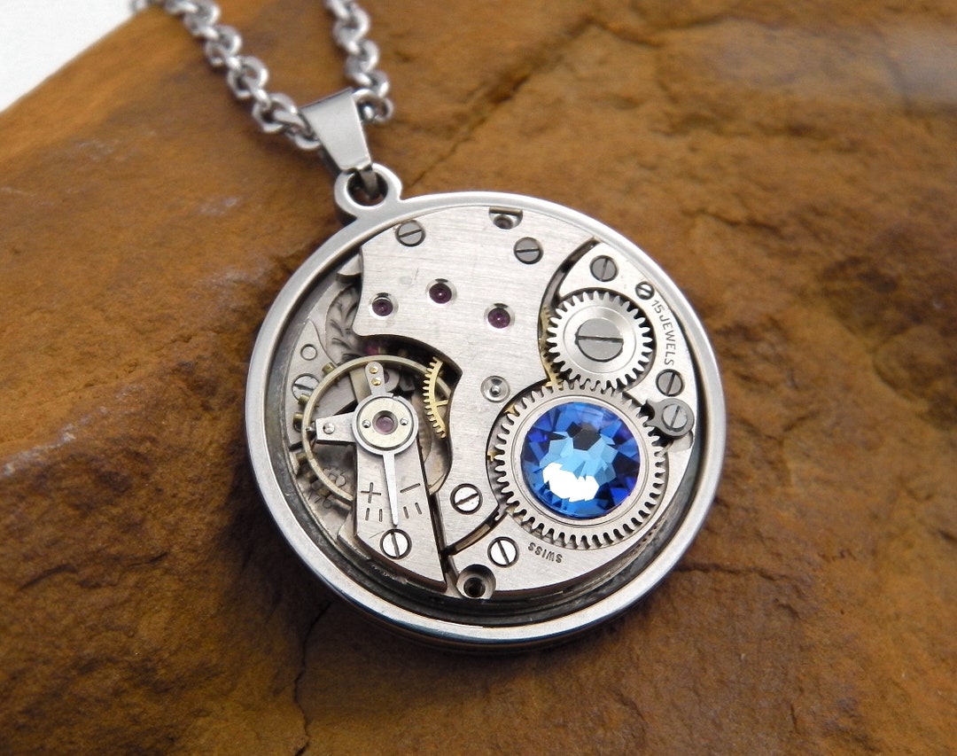 Steampunk Necklace Vintage Watch Mechanism Pendant With 'sapphire' Blue ...