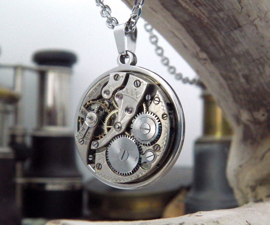 Vintage Watch Mechanism Pendant and Stainless Steel Chain. Unusual Gift ...