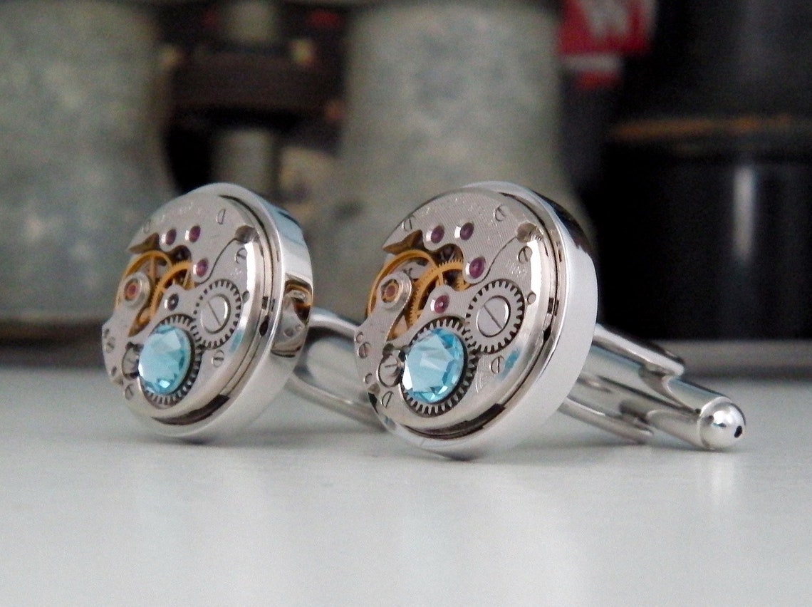 Steampunk Cufflinks With Vintage Watch Mechanisms & 'aquamarine ...
