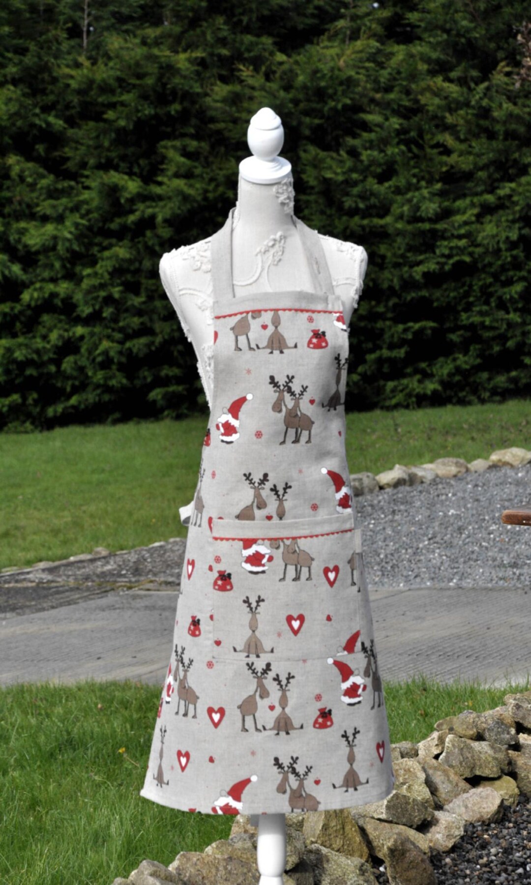 Christmas Apron Linen Apron Santa and Reindeer Festive Apron Christmas ...