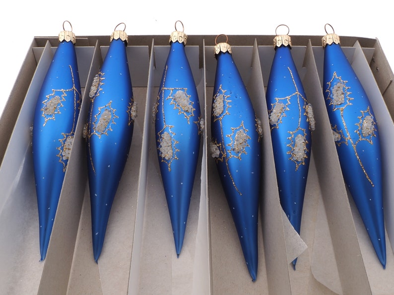 Set 6 Glass Blue Oval Christmas Tree Ornaments Beaded Holly - Etsy