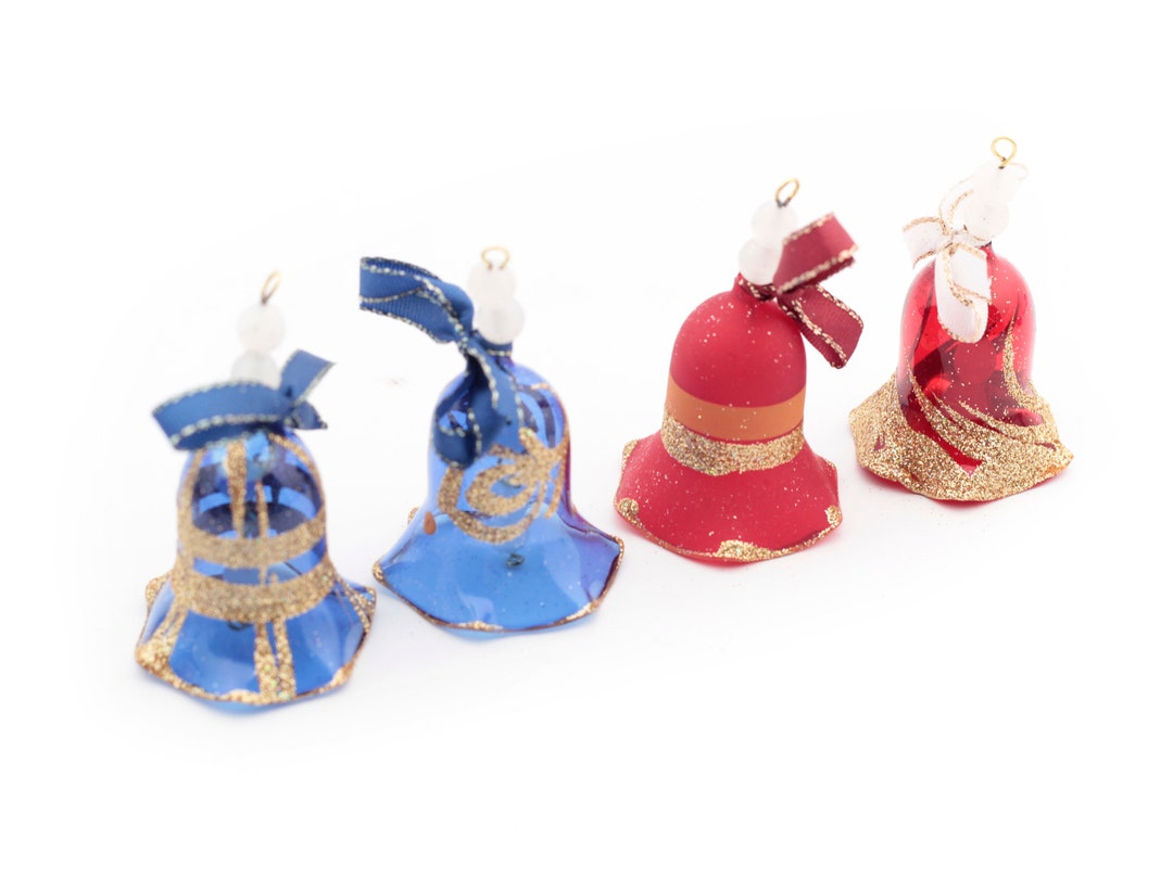 4 Hand Decorated Mini Glass Bell Christmas Tree Ornaments Blue Red - Etsy