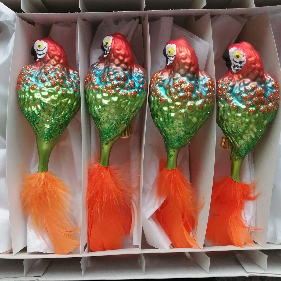 Czech Blown Glass Clip on Parrot Christmas Tree Ornament Orange Feather ...
