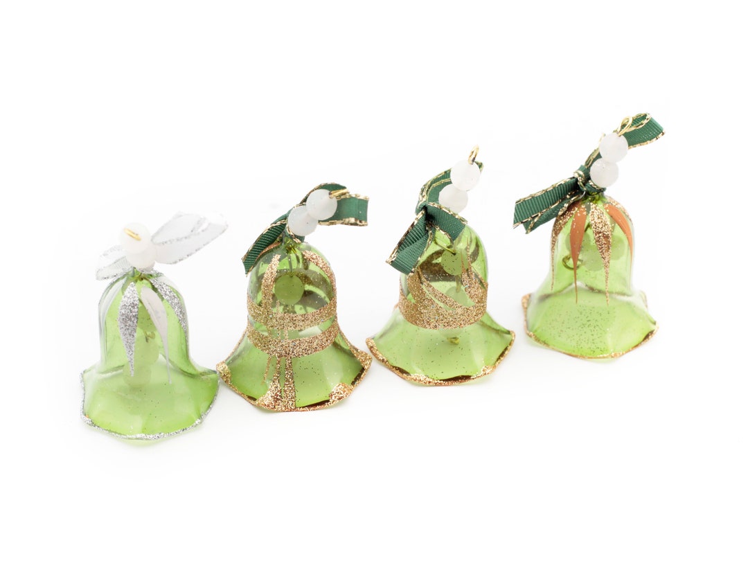 4 Hand Decorated Mini Glass Bell Christmas Tree Ornaments Green - Etsy