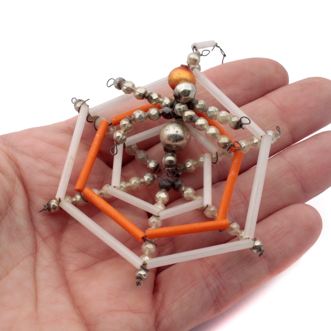 Vintage Czech Mercury Glass Bead Spider Web Christmas Ornament Gablonz ...
