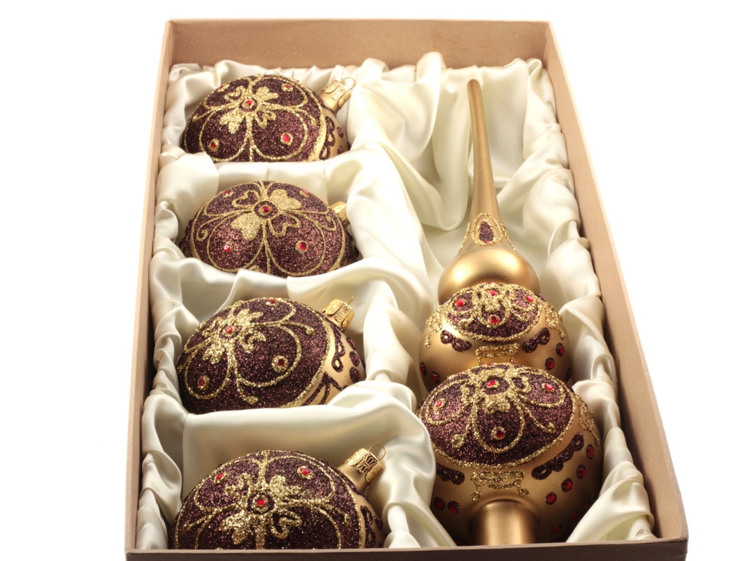 Set 5 Czech Blown Glass Christmas Tree Ornaments and Topper Gold XL - Etsy