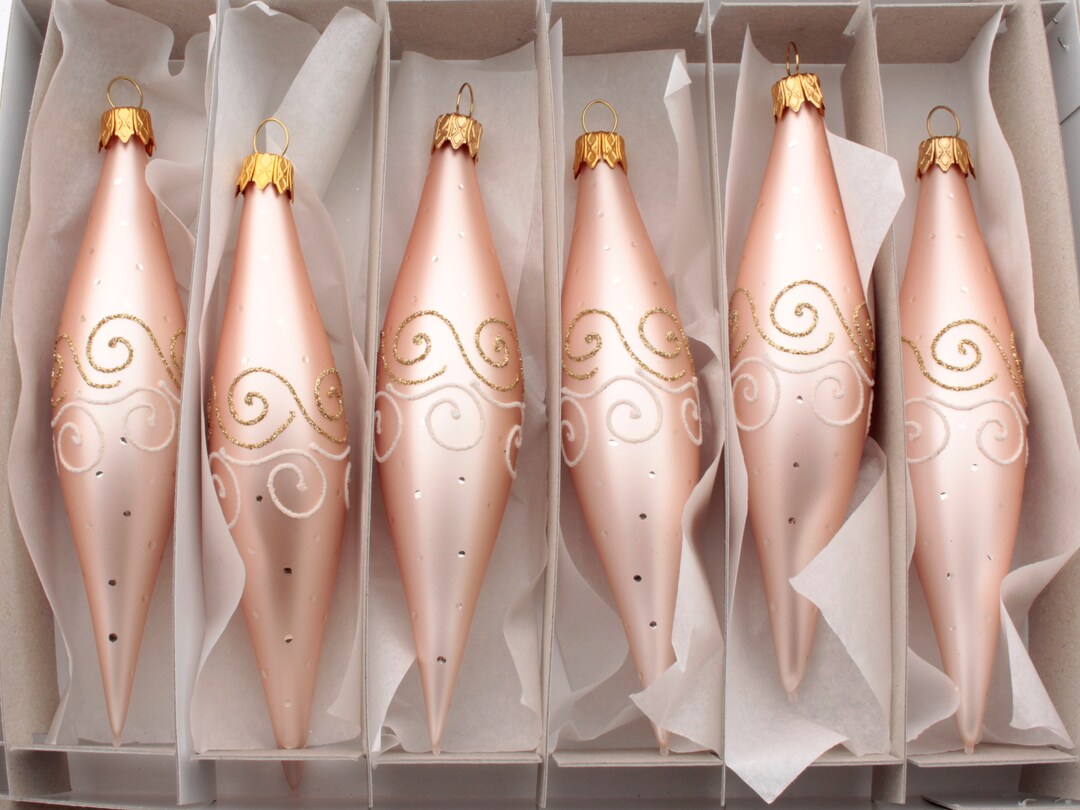 6 Blown Glass Oval Christmas Tree Ornaments Beige Gold Handmade in ...