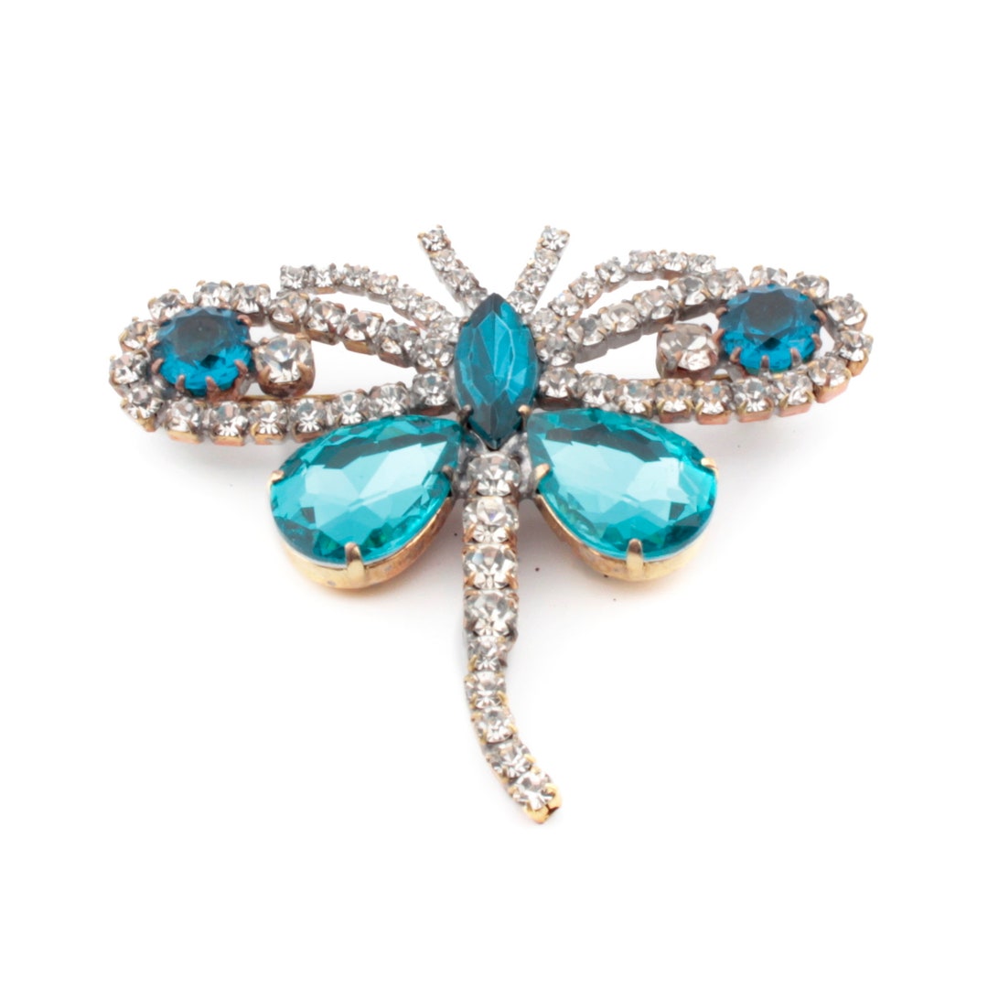Vintage Czech Handmade Glass Rhinestone Butterfly Pin Brooch Blue Clear ...