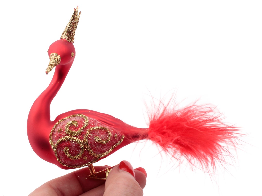 Czech Red Gold Hand Blown Glass Swan Christmas Tree Ornament Feather ...