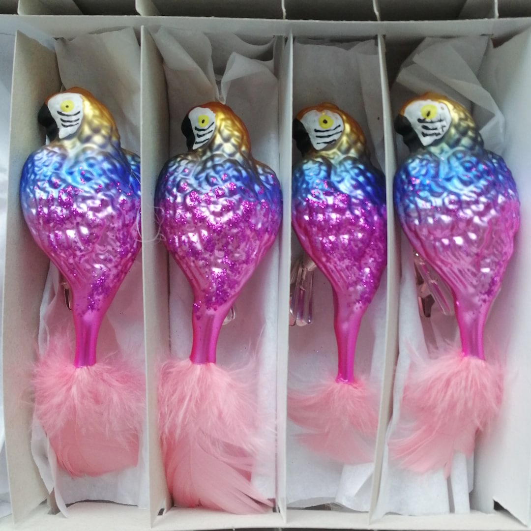 Czech Blown Glass Clip on Parrot Christmas Tree Ornament Pink Feather ...