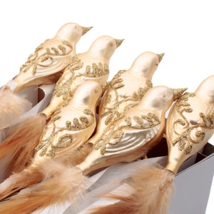 6 Gold Brown Hand Blown Glass Bird Christmas Tree Ornaments Feather ...