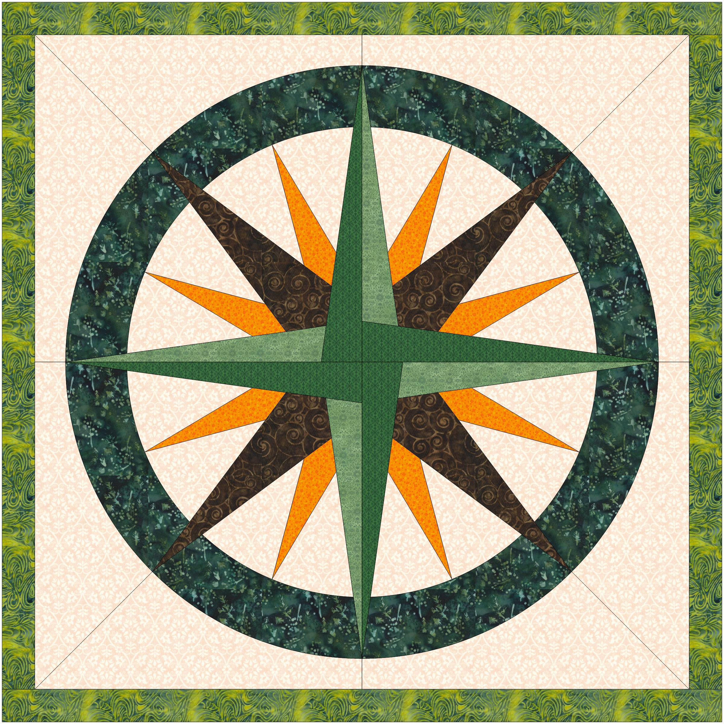 36" Diameter Mariner's Compass Quilt Block B With Alternate Star Center ...