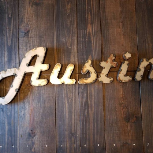 21 Austin Rustic Raw Steel Cursive Word Sign Texas TX - Etsy