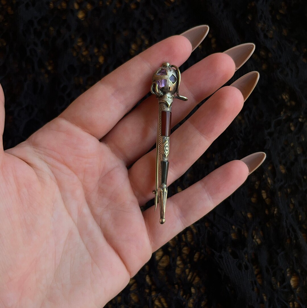 19th C. Sterling Silver Scottish Agate Dirk Dagger Brooch Antique ...