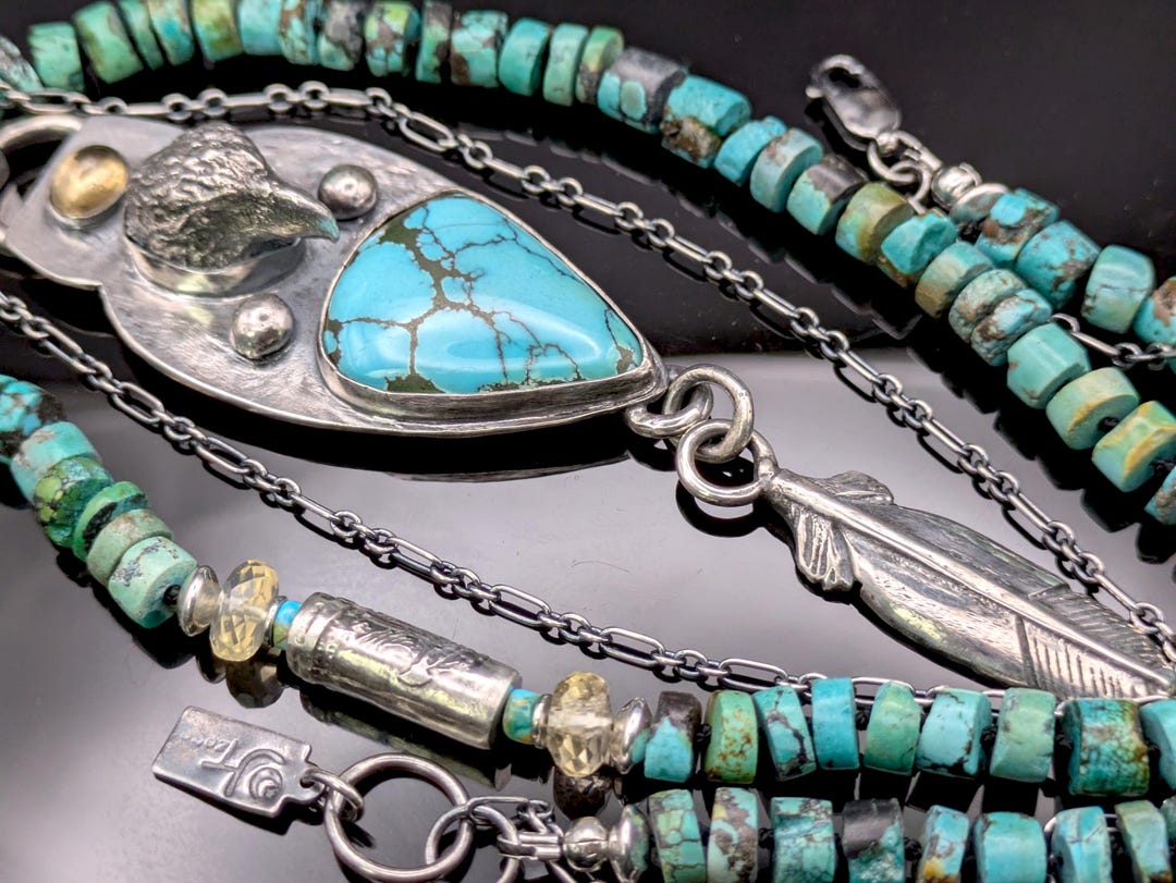 Sand Cast Hawk Totem Pendant With Turquoise & Citrine Fine Silver and ...