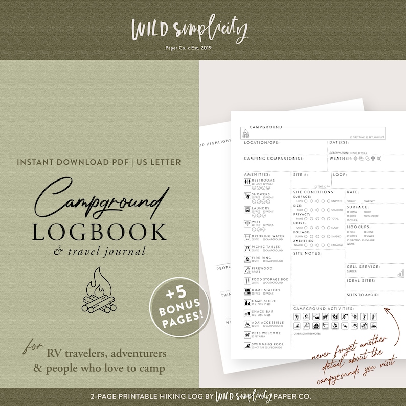 Campground Logbook & RV Travel Journal | Camping Log | Printable PDF ...