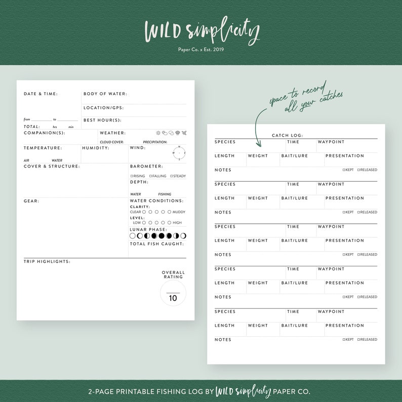 Freshwater Fishing Log Printable PDF Outdoor Adventure - Etsy