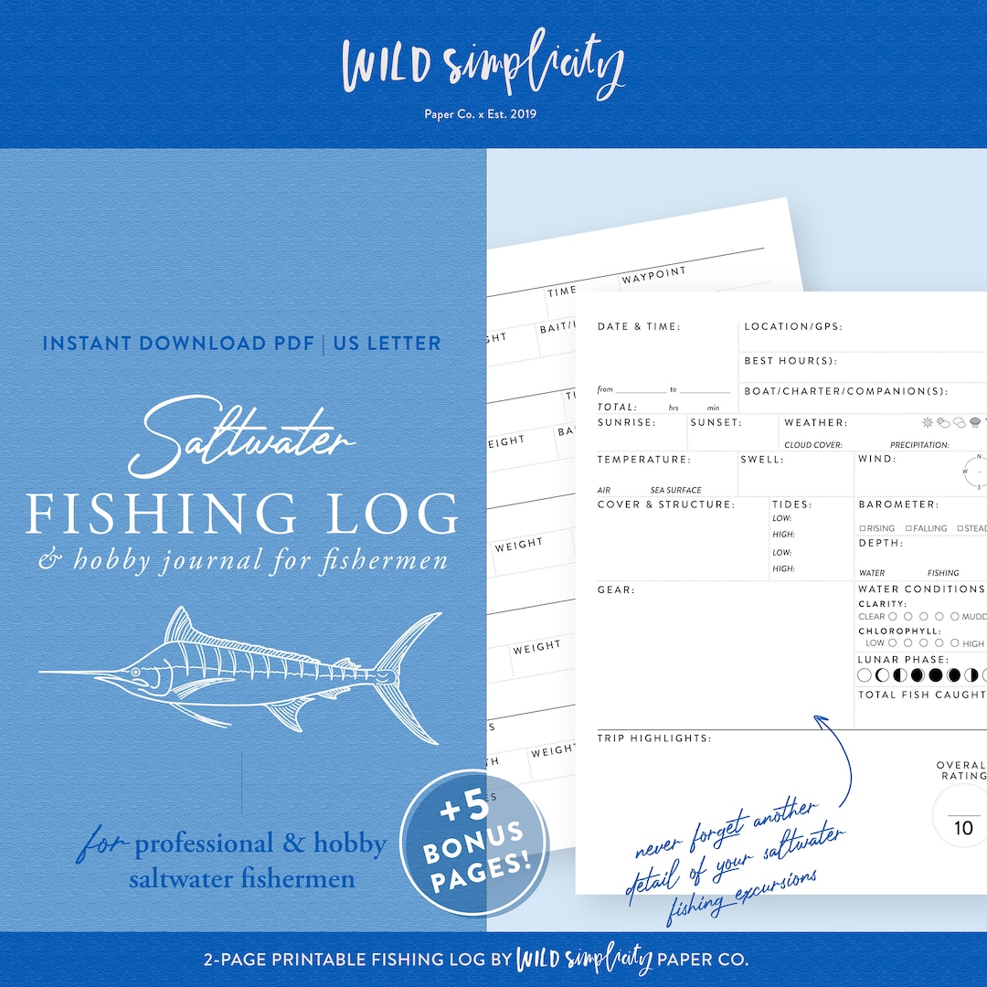 Saltwater Fishing Log | Printable PDF | Outdoor Adventure Journal ...