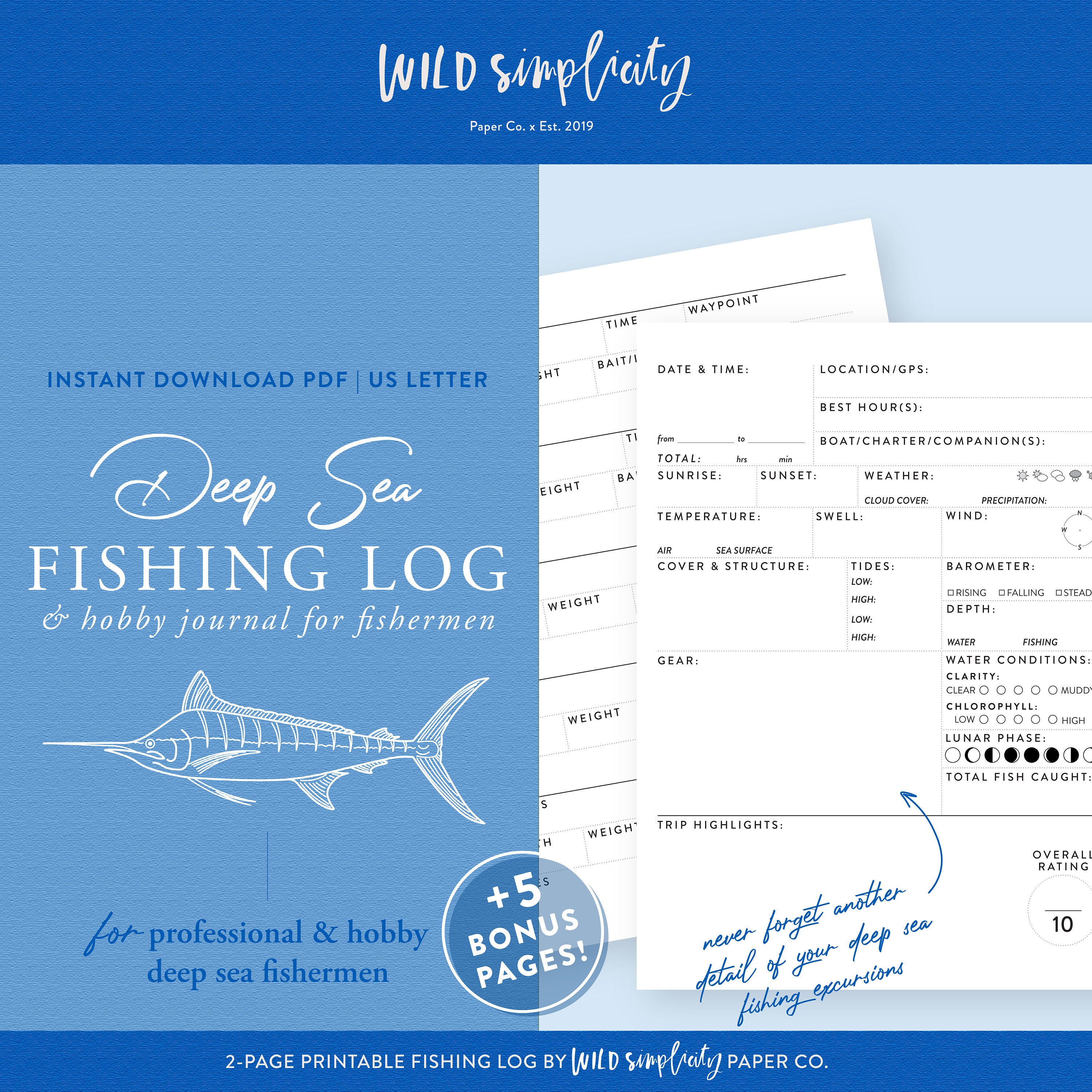 Deep Sea Fishing Log | Printable PDF | Outdoor Adventure Journal ...