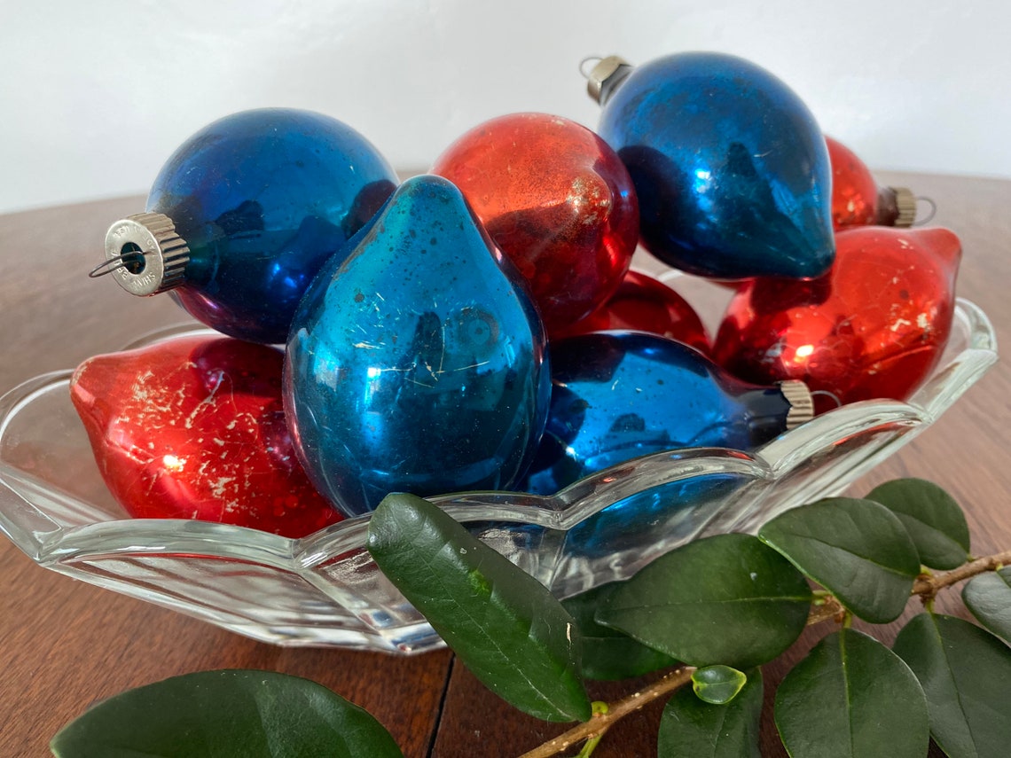 Vintage Red and Blue Teardrop Christmas Ornaments Decorations Set of 10 ...