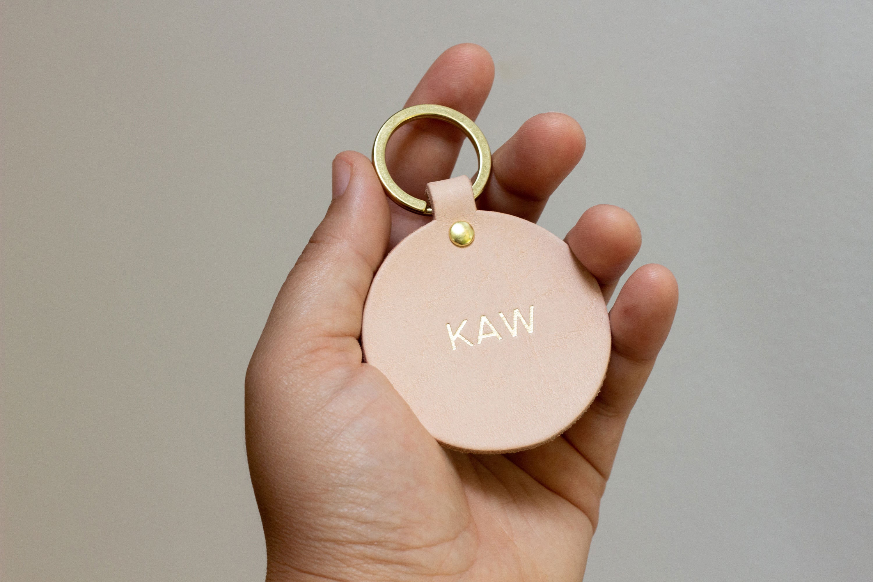 Monogram Leather Keychain, Round Nude Leather Key Fob, Gold Foil ...