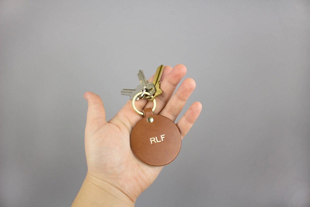 Monogram Round Leather Keychain. Full Grain Brown Leather Key Fob ...
