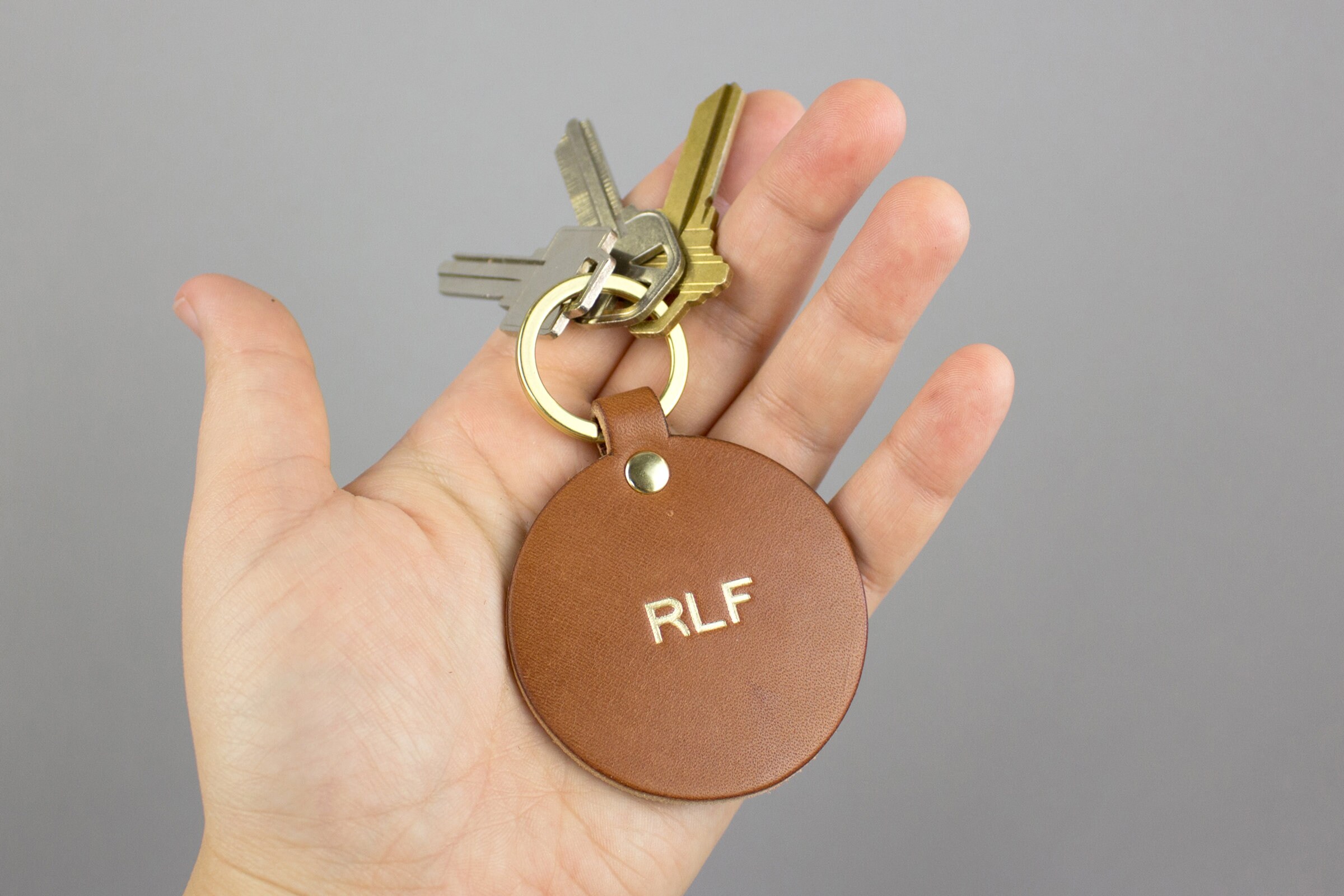 Monogram Round Leather Keychain. Full Grain Nude Leather Key Fob ...