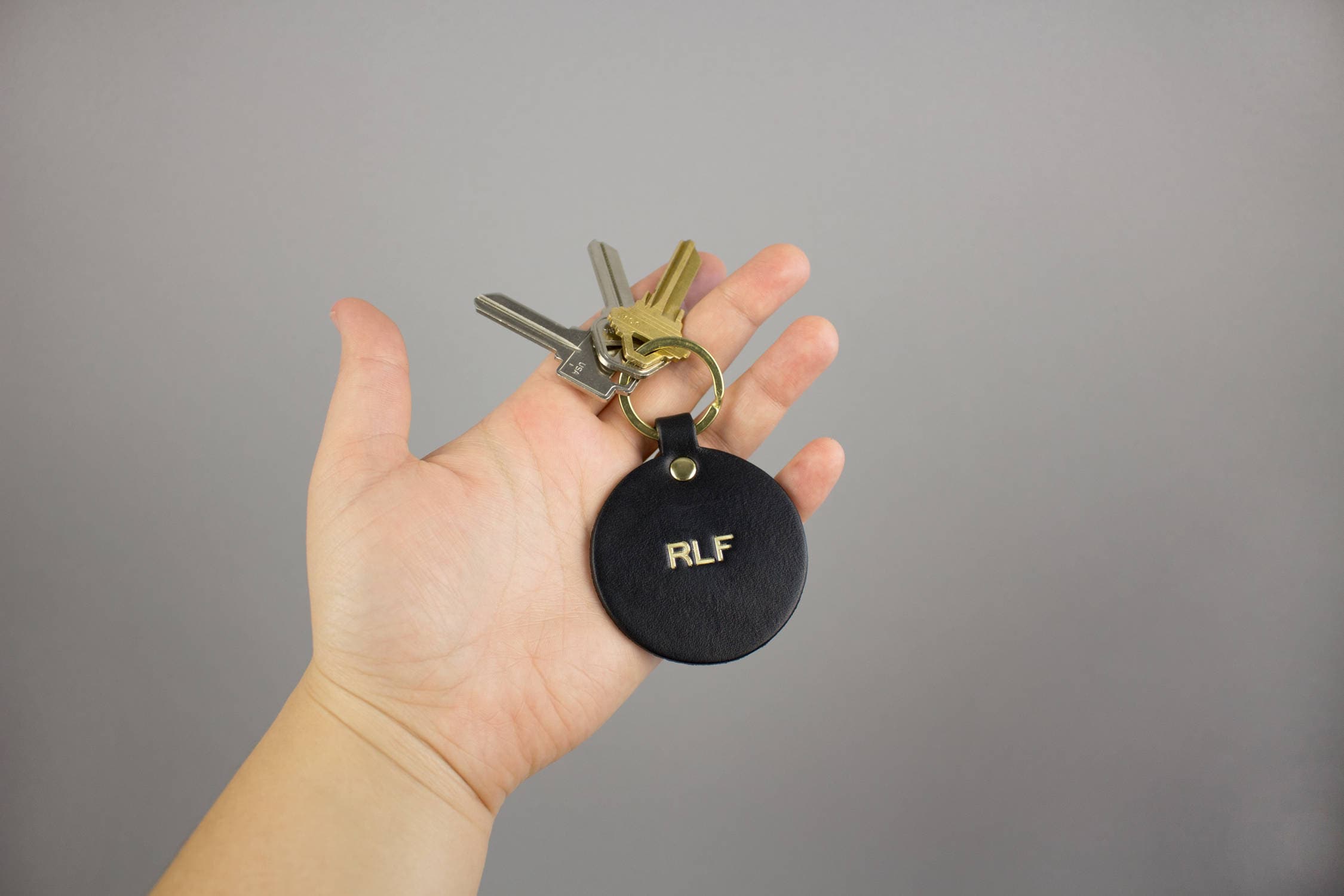 Monogram Leather Keychain, Round Nude Leather Key Fob, Gold Foil ...