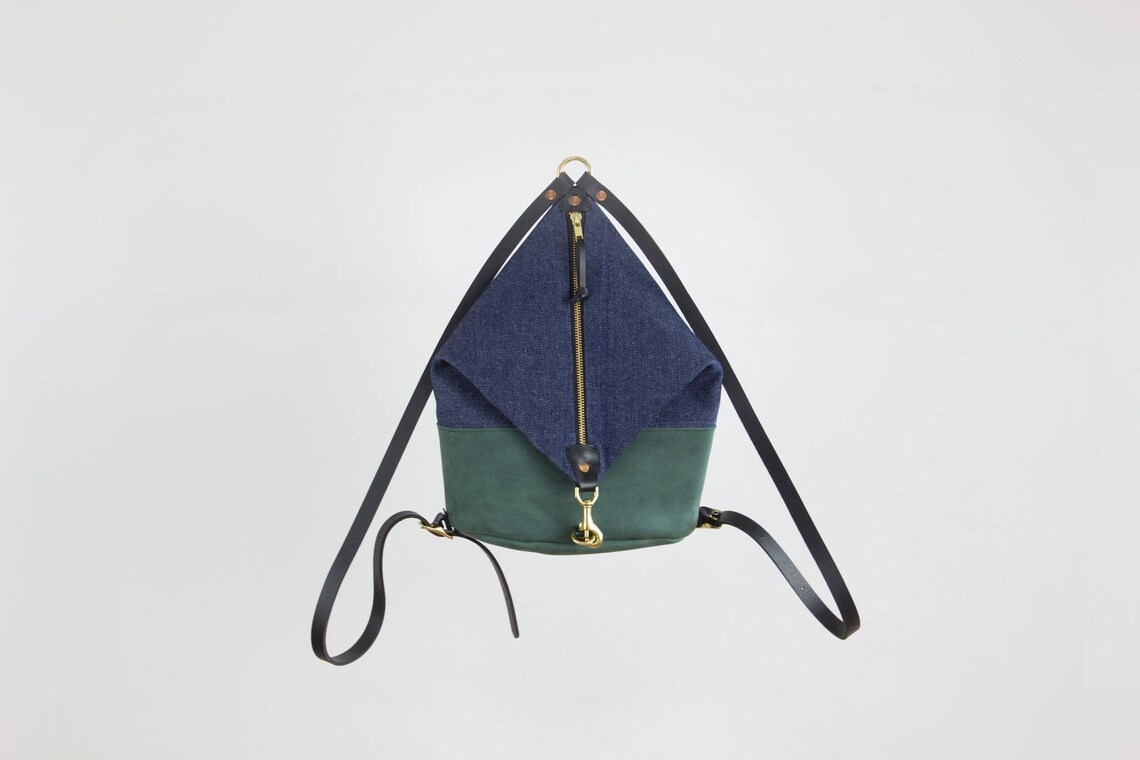 Leather Backpack Dark Denim and Forest Green Leather Mini - Etsy