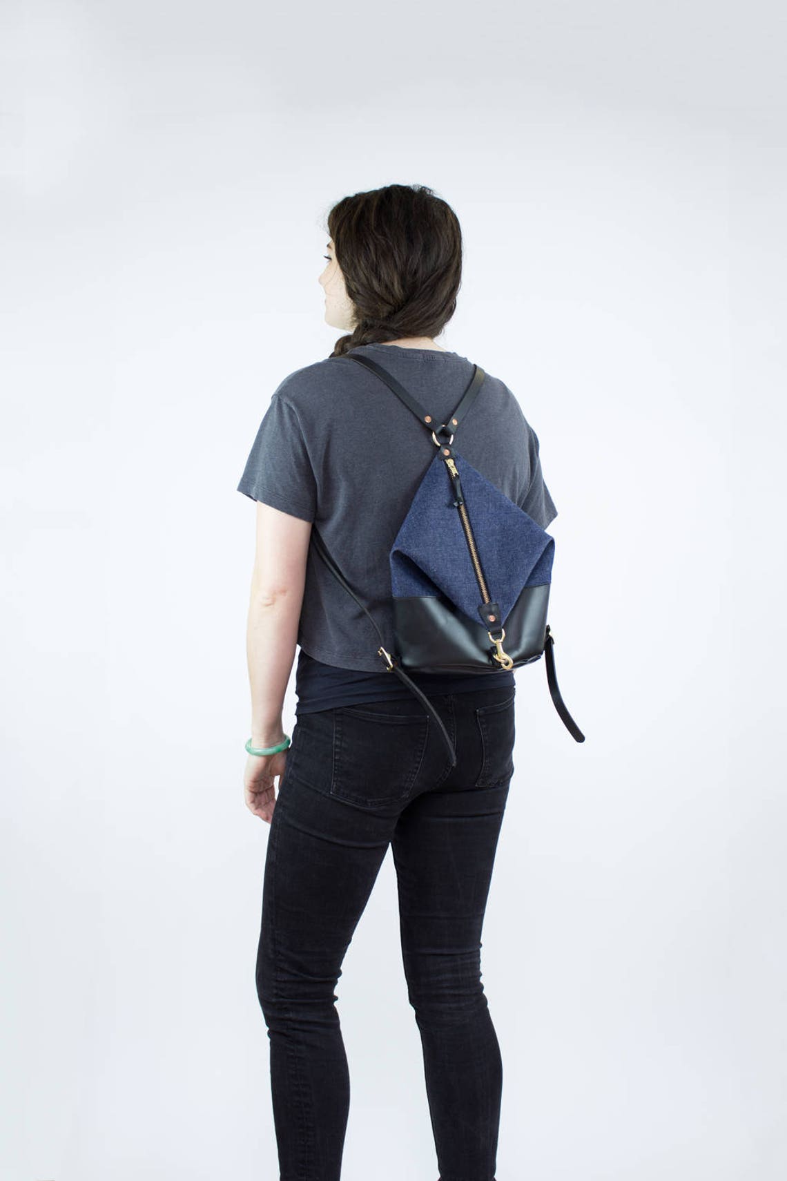 Leather Backpack Dark Denim and Forest Green Leather Mini - Etsy