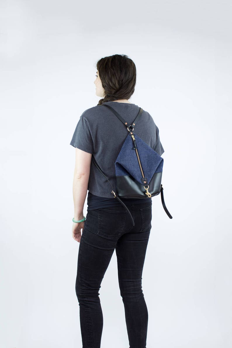 Leather Backpack Dark Denim and Forest Green Leather Mini - Etsy