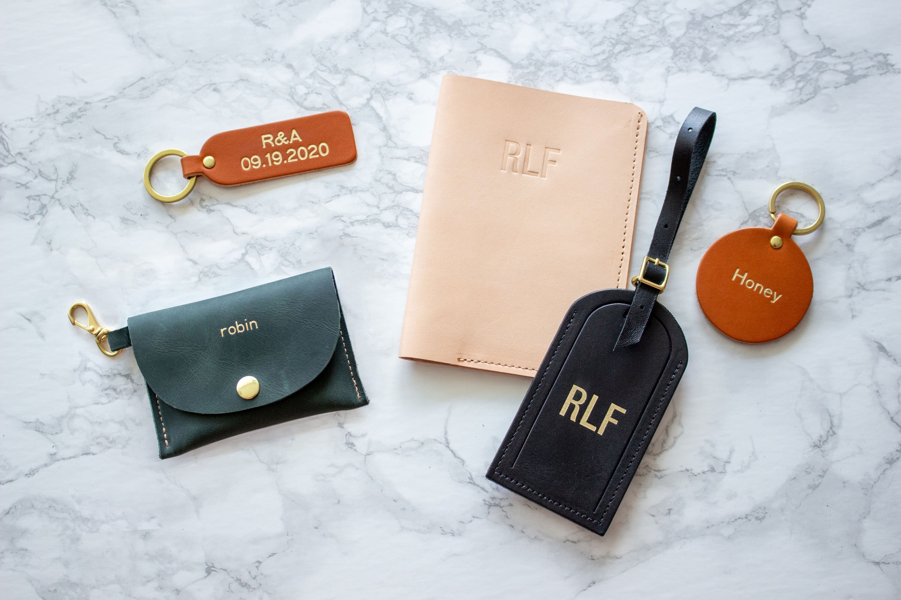 Monogram Round Leather Keychain. Full Grain Nude Leather Key - Etsy
