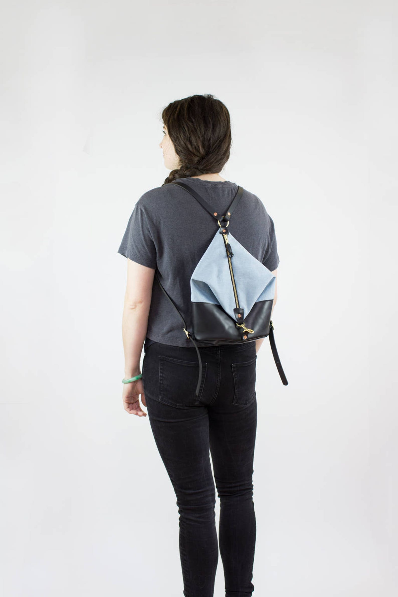 Leather Backpack Light Denim and Forest Green Leather Mini - Etsy