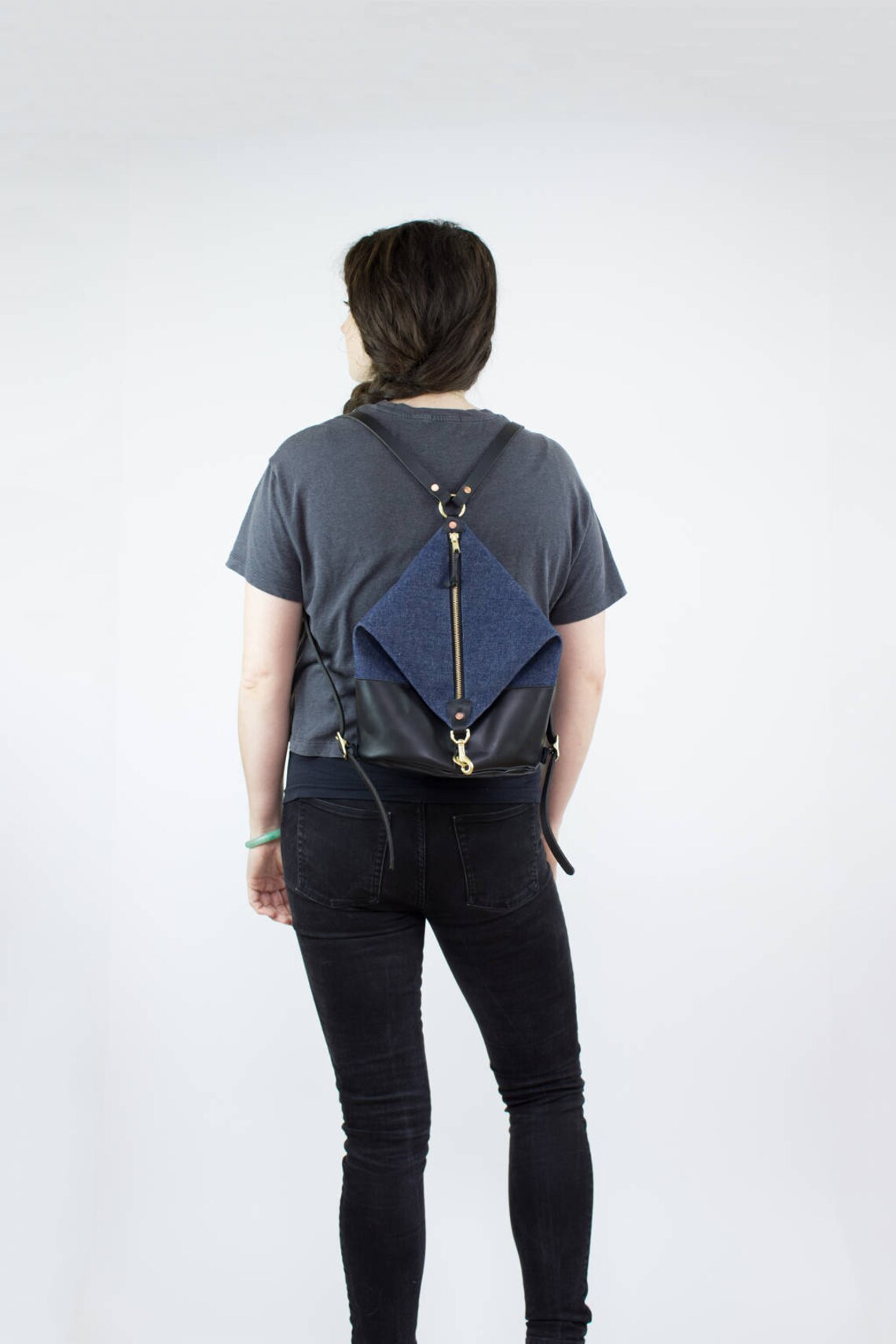 Leather Backpack Dark Denim and Forest Green Leather Mini - Etsy
