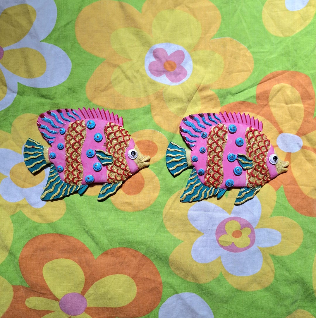 1980s 1990s Vintage Neon Fish Set of Two Tropical Glitter Colorful ...