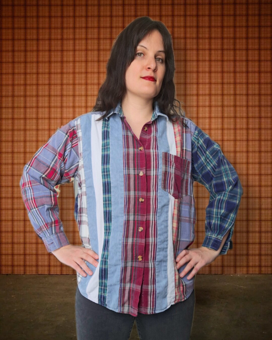 1990s Vintage Plaid Grunge Mismatched Patterns Colorful Chambray ...