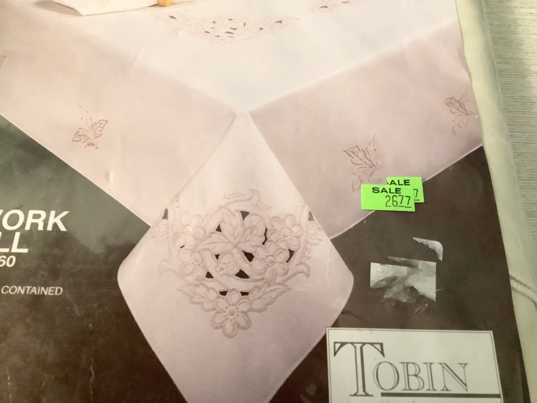 Vintage Tobin Stamped Tablecloth for Embroidery Cutwork Scroll 58 X 90 Oval New Sealed Package ...