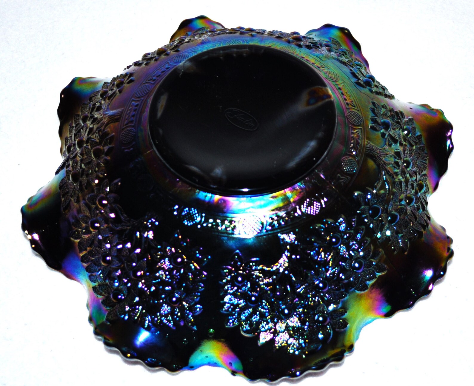 Vtg 1990s Fenton Black Amethyst Carnival Glass Marie Cherry Chain Tree ...